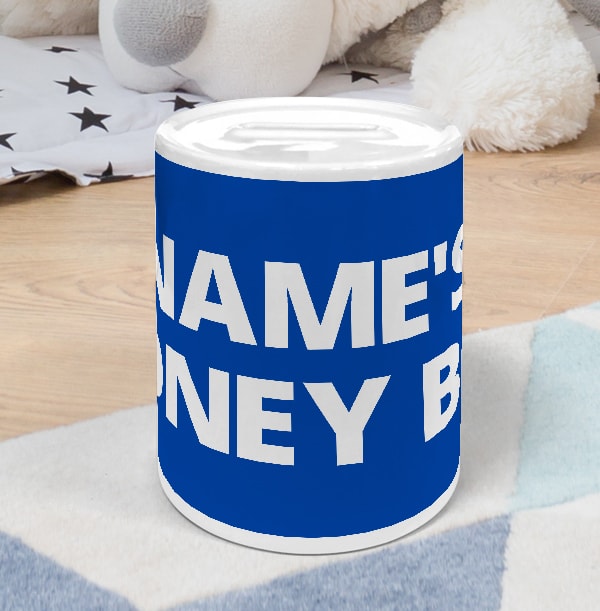 ZDISC Personalised Name Money Box - Blue & White | Funky Pigeon